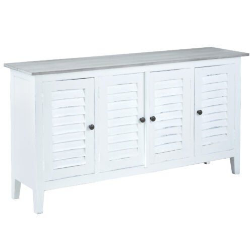 Cottage Shutter Cabinet – White & Stonewall Top - Sunset Trading