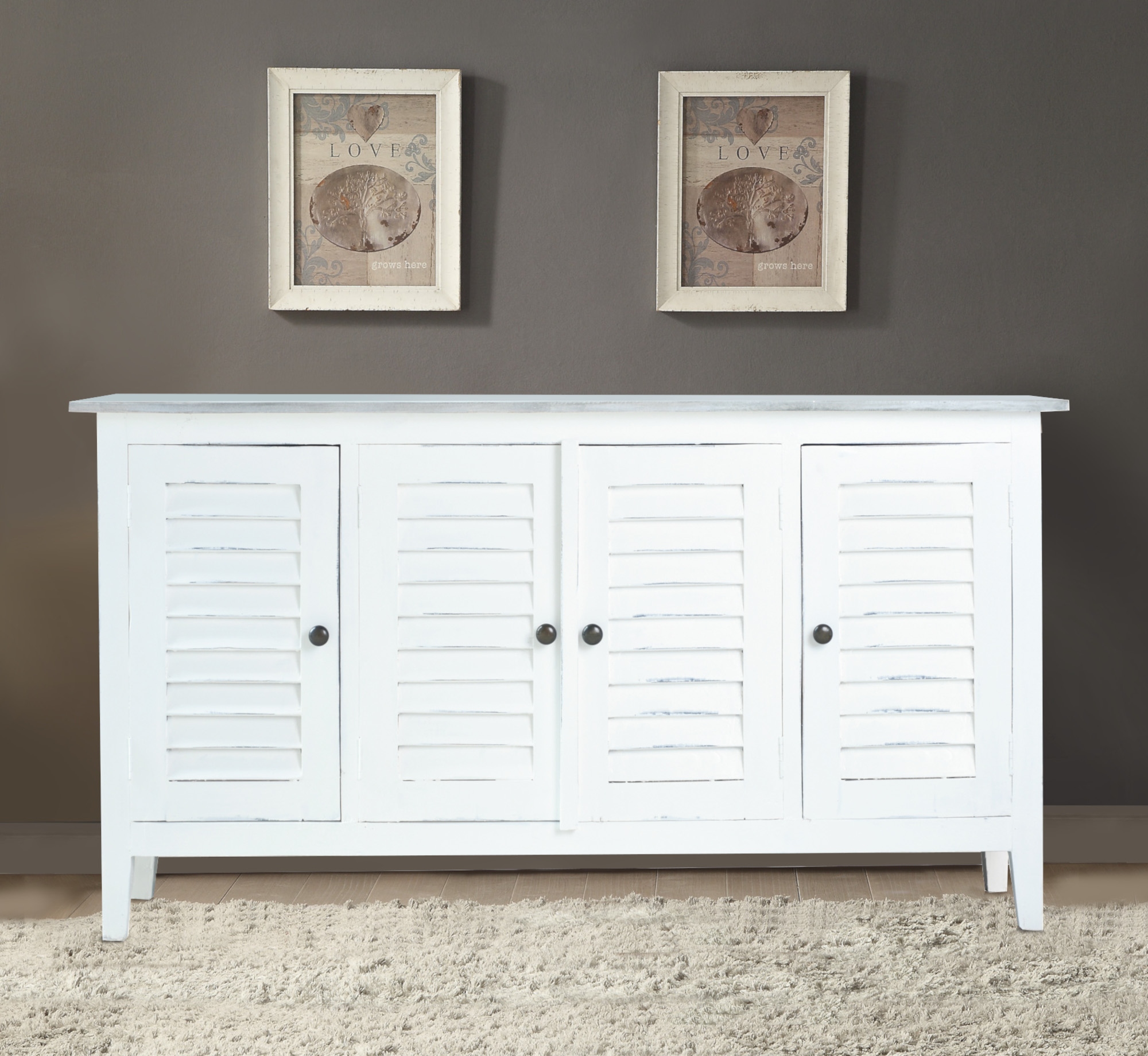 Cottage Shutter Cabinet – White & Stonewall Top - Sunset Trading