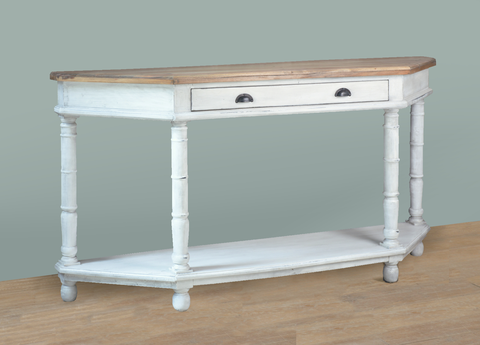 Cottage Console Table – Vintage White & Salvage Top - Sunset Trading